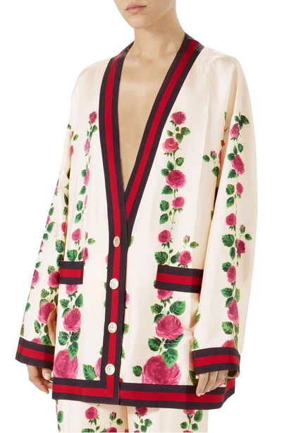 Gucci Grosgrain-trimmed Floral-print Silk-satin Cardigan In Pink/purple ...