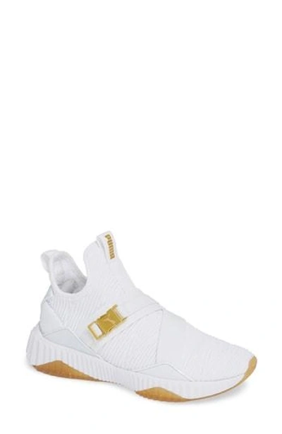 Puma Women's Defy Varsity Knit Mid Top Sneakers In White/ Metallic Gold ...