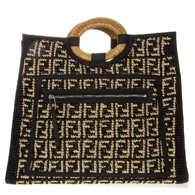 Fendi Runaway Large Leather-trimmed Woven Raffia Tote In Black | ModeSens