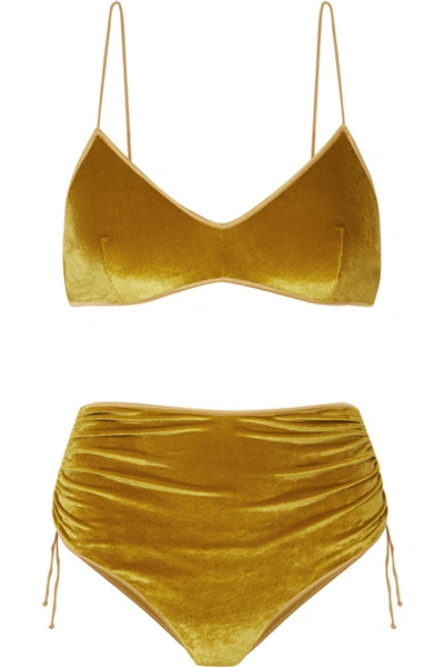 Oseree Ruched Stretch-velvet Bikini In Gold | ModeSens