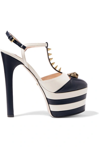 Gucci Angel Spike-embellished Leather Platform Sandals In Navy White ...