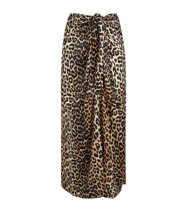 Ganni Leopard Print Silk Blend Satin Midi Skirt Modesens