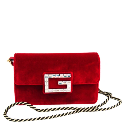 Pre-owned Gucci Red Mini Velvet Broadway Crossbody Flap Bag | ModeSens