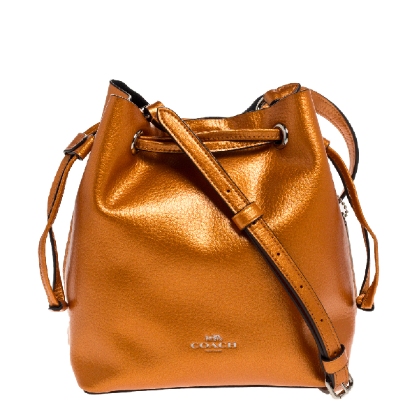 Pre-Owned Coach Metallic Orange Leather Drawstring Crossbody Bag | ModeSens