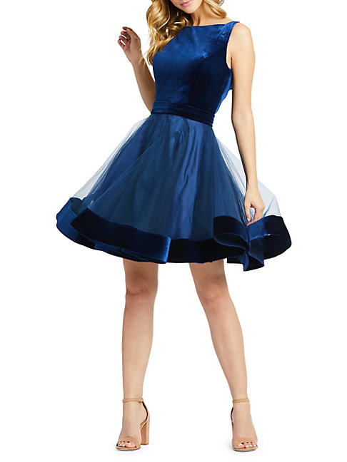 Mac Duggal Velvet Fit And Flare Cocktail Dress In Navy Modesens