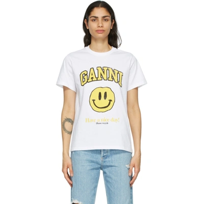 Ganni Smiley-face Print Logo T-shirt In Bright White | ModeSens