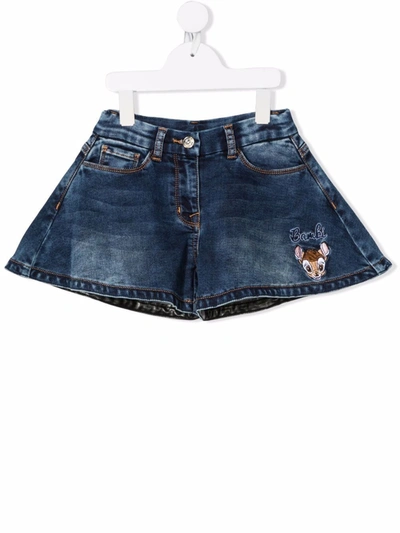 Monnalisa Kids' Bambi-embroidered Flared Denim Shorts In Blue | ModeSens