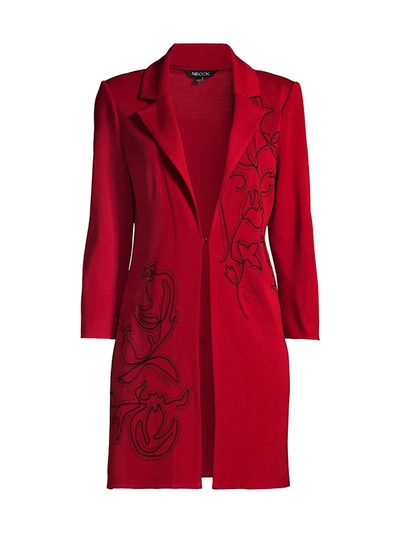 Misook Oversized Floral Embroidery Long Knit Jacket In Red/black | ModeSens