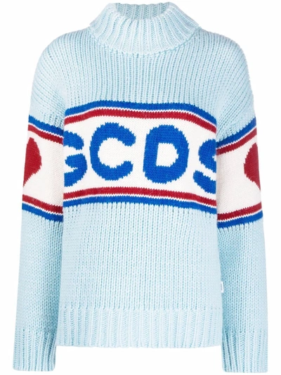 Gcds Wool Blend Sweater With Contrasting Logo Band In Light Blue | ModeSens