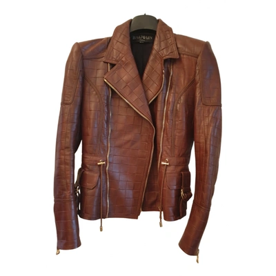 Pre-owned Balmain Leather Biker Jacket In Brown | ModeSens