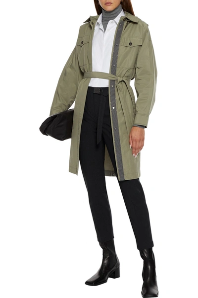 Brunello Cucinelli Belted Bead Embellished Shell Hooded Jacket In Sage