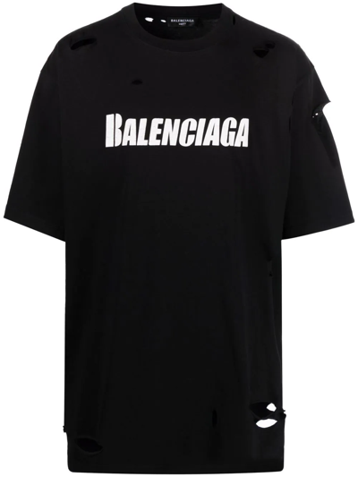 Balenciaga Ripped Logo-print T-shirt In Schwarz | ModeSens