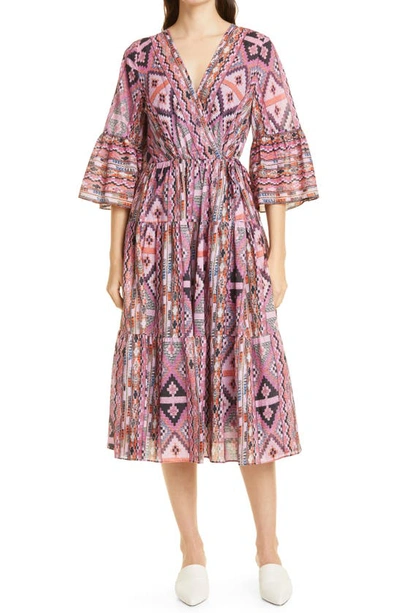 Kobi Halperin Rosa Ikat Bell-sleeve Midi Dress In Pink | ModeSens