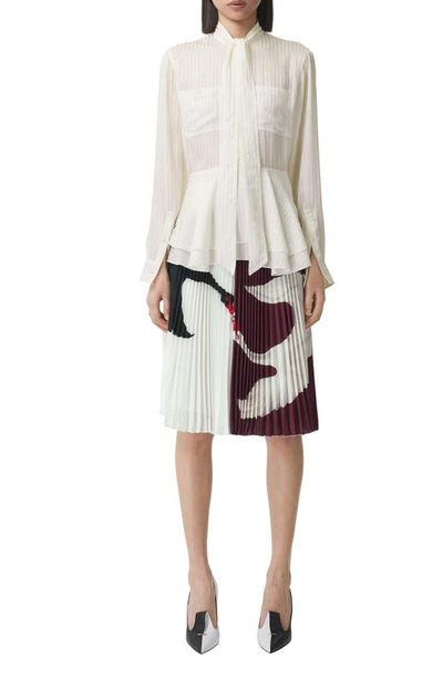 Burberry Leah Monogram Striped Crepe De Chine Peplum Shirt In Natural ...