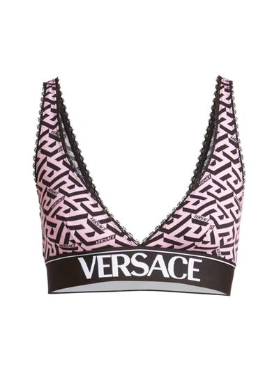 Versace Lace-trimmed Printed Stretch-cotton Jersey Soft-cup Bra In Pink ...