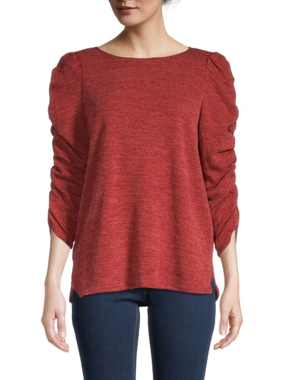 Max Studio Women's Ribbed Ruched-sleeve Top In Red | ModeSens