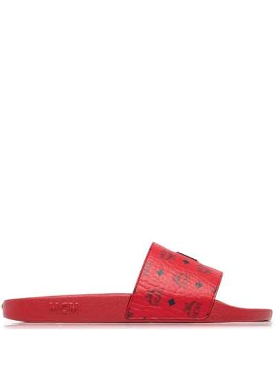 Mcm Visetos Monogram-print Slides In Candy Red | ModeSens