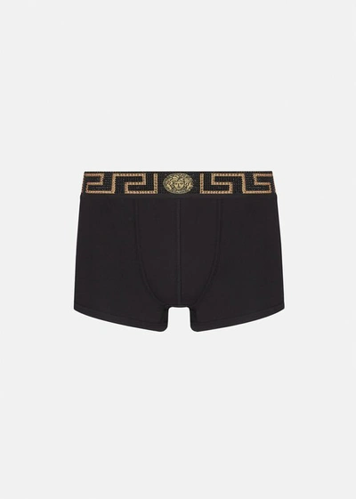 Versace Crystal Greca Border Low Rise Trunks In Black | ModeSens