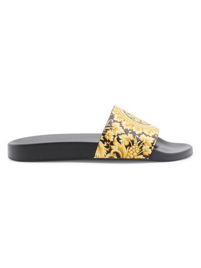 Versace Barocco Print Leather Slides In Black Gold | ModeSens
