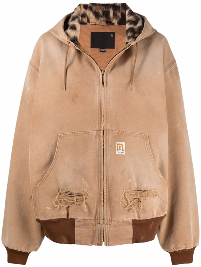 R13 Logo-patch Distressed-effect Hooded Jacket In Braun | ModeSens
