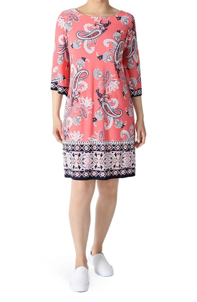 Sandra Darren Paisley Puff Print 3/4 Sleeve Shift Dress In Coral/ Navy ...