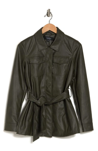 Coffee Shop Faux Leather Tie Waist Shacket In Olive | ModeSens