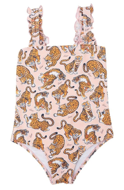 Kenzo Teen Tiger-print Frilled-trim Swimsuit In Pink | ModeSens
