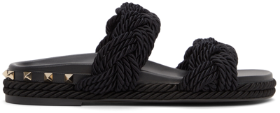 Valentino Garavani Black Rope Rockstud Flat Sandals | ModeSens