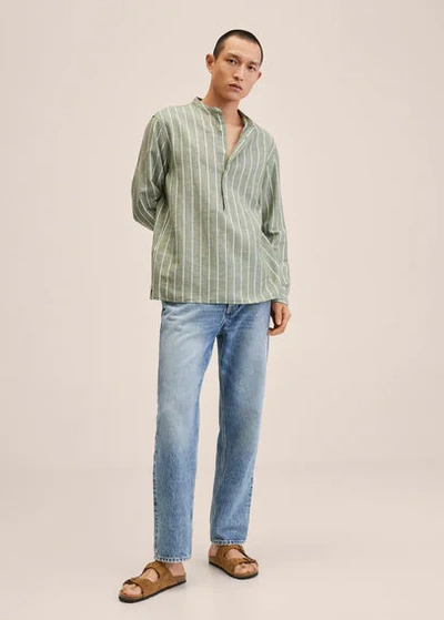 Mango Striped Mandarin-collar Linen Shirt Green | ModeSens