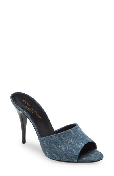 Saint Laurent La 16 95 Ysl-monogram Denim Mules In Blue | ModeSens