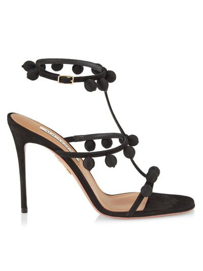 Aquazzura Cha Cha Cha 105 Pompom-embellished Suede Sandals In Black ...