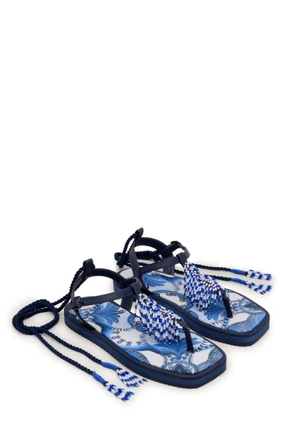 Farm Rio Blue Tile Black Banana Beaded Flat Sandal | ModeSens