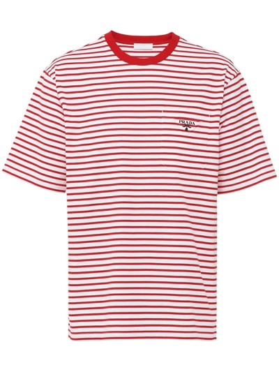 Prada Striped Triangle-logo T-shirt In Red | ModeSens
