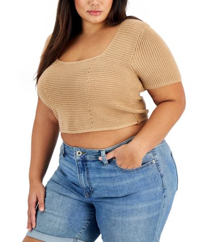 Full Circle Trends Trendy Plus Size Lace-up Crop Top In Tan | ModeSens