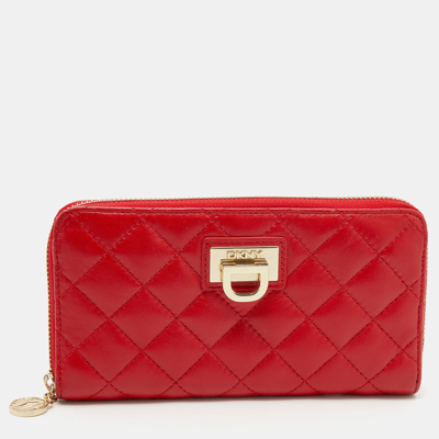 Pre-owned Dkny Red Quilted Leather Zip Around Wallet | ModeSens