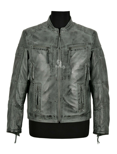 Pre-owned Smart Range Leather Racer Men's Real Leather Jacket Grey Napa ...