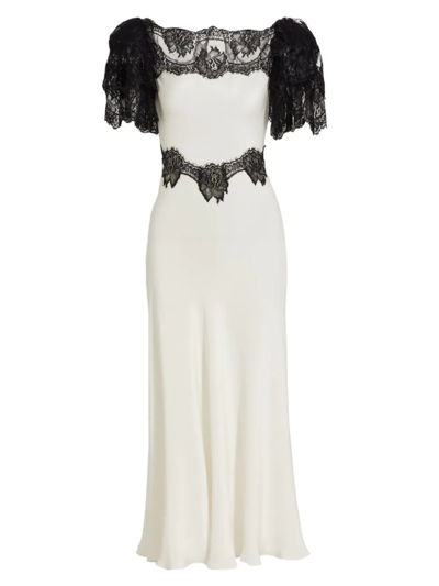 Rodarte Silk Crepe Dress With Black Rose Lace Details In Black,white ...