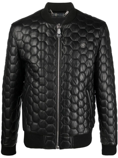Philipp Plein Quilted Zip-up Leather Bomber Jacket In Schwarz | ModeSens