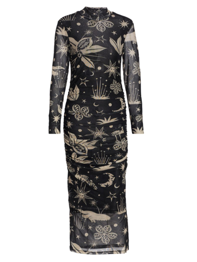 Farm Rio Ruched Printed Stretch-tulle Midi Dress In Cerrado Sky Black ...
