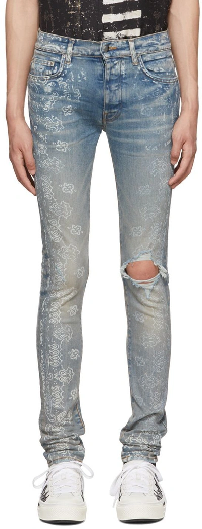 Amiri Bleach Bandana All Around Knee Rip Skinny Jeans In Blue | ModeSens