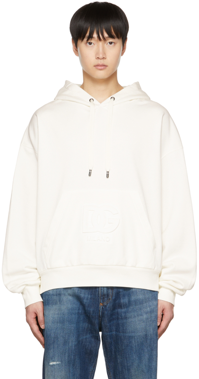 Dolce And Gabbana Jersey Hoodie With Embossed Logo In White Modesens Gb