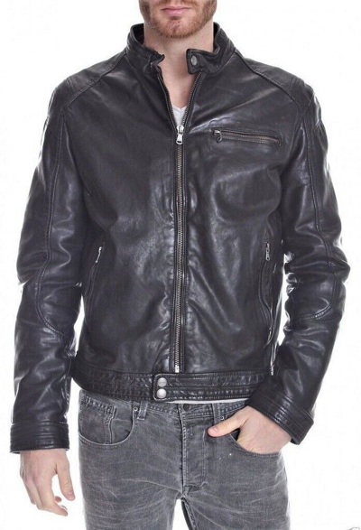 Pre-owned Handmade Men's Genuine Lambskin Leather Motorcycle Jacket Slim Fit Biker Jacket ...