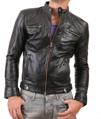 Pre-owned Handmade Men's Genuine Lambskin Leather Motorcycle Jacket Slim Fit Biker Jacket ...