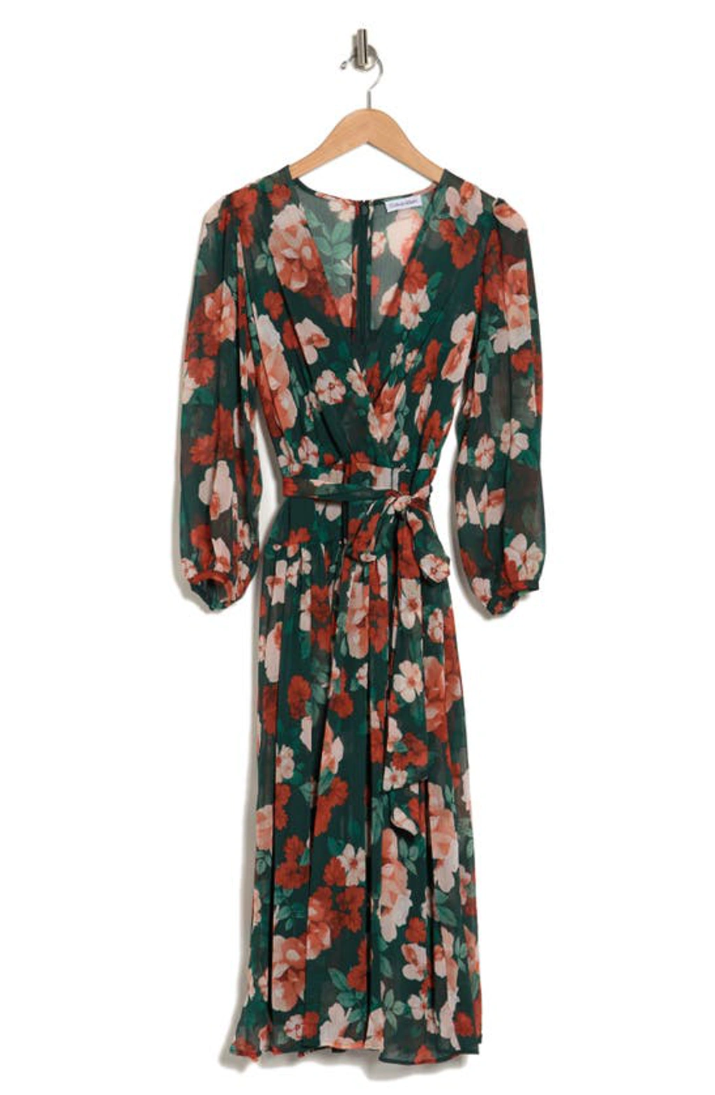 Calvin Klein Floral Faux Wrap Midi Dress In Malachite Multi | ModeSens