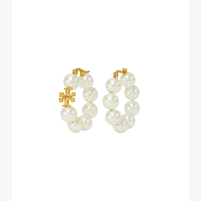 Tory Burch Kira Pearl Hoop Earring In Rolled Brass Ivory | ModeSens