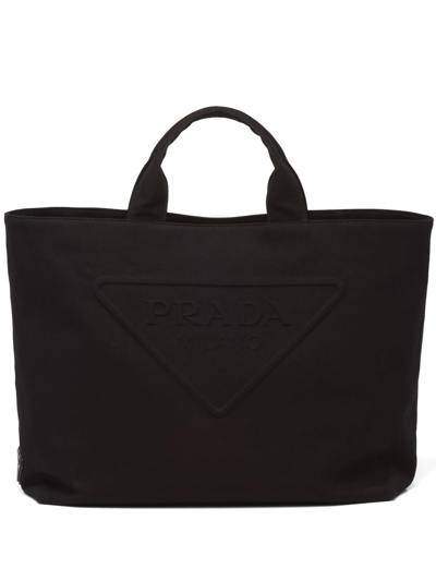 Prada Embossed Triangle-logo Canvas Tote Bag In Black | ModeSens