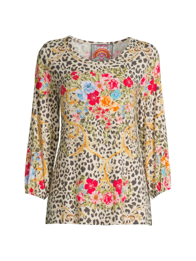 Johnny Was Cheetah Puff Sleeve Top In Multi In White | ModeSens
