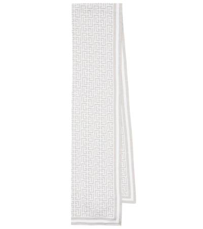 Balmain Monogram Jacquard Wool-blend Scarf In Gac Blanc/argent | ModeSens