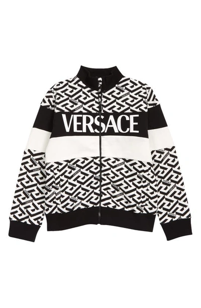Versace Kids' La Greca Monogram Zip-up Cotton Logo Jacket In Monochrome ...