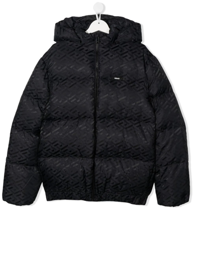 Versace Teen La Greca Puffer Hooded Jacket In Black | ModeSens